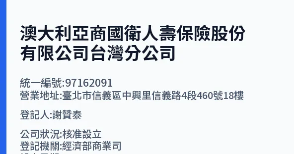 澳大利亞商國衛人壽保險股份有限公司台灣分公司的照片-統編 97162091(臺北市) 公司登記資料與營業項目詳細圖表