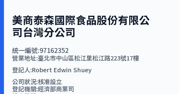 美商泰森國際食品股份有限公司台灣分公司的照片-統編 97162352(臺北市) 公司登記資料與營業項目詳細圖表