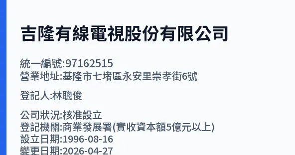 吉隆有線電視股份有限公司的照片-統編 97162515(基隆市) 公司登記資料與營業項目詳細圖表