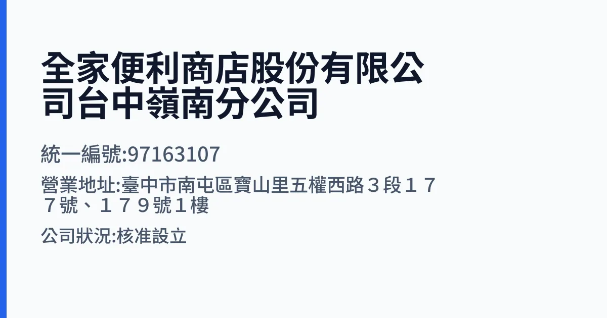 全家便利商店股份有限公司台中嶺南分公司 - 統編 97163107(臺中市) 公司登記資料與營業項目詳細圖表