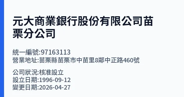 元大商業銀行股份有限公司苗栗分公司的照片-統編 97163113(苗栗縣) 公司登記資料與營業項目詳細圖表