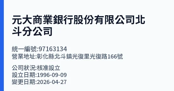 元大商業銀行股份有限公司北斗分公司的照片-統編 97163134(彰化縣) 公司登記資料與營業項目詳細圖表