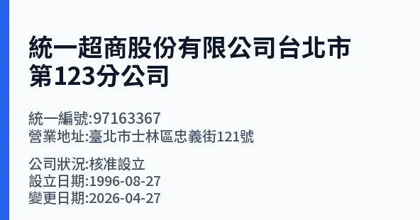 統一超商股份有限公司台北市第123分公司的照片-統編 97163367(臺北市) 公司登記資料與營業項目詳細圖表