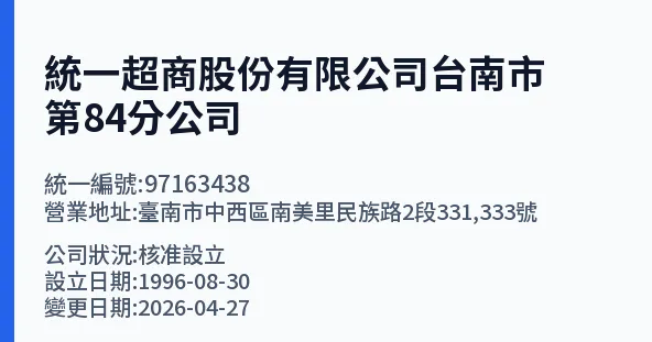 統一超商股份有限公司台南市第84分公司的照片-統編 97163438(臺南市) 公司登記資料與營業項目詳細圖表