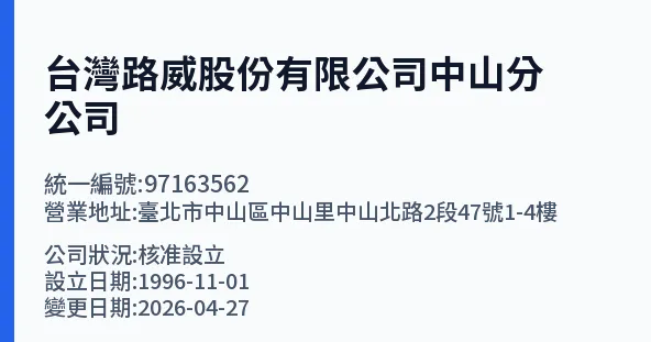 台灣路威股份有限公司中山分公司的照片-統編 97163562(臺北市) 公司登記資料與營業項目詳細圖表