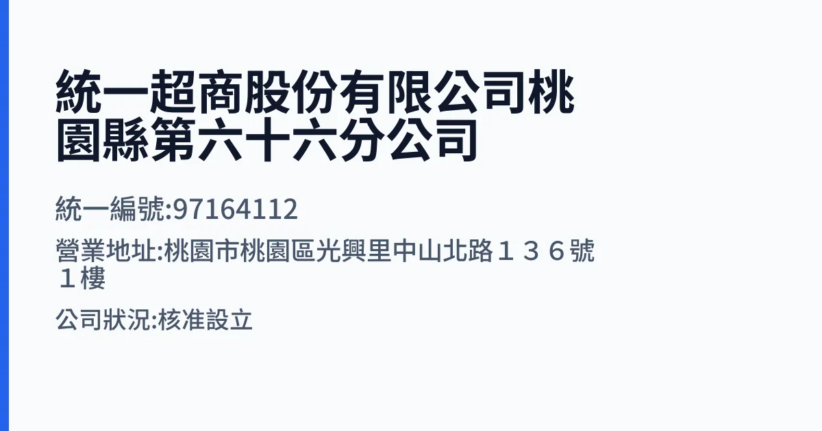 統一超商股份有限公司桃園縣第六十六分公司 - 統編 97164112(桃園市) 公司登記資料與營業項目詳細圖表