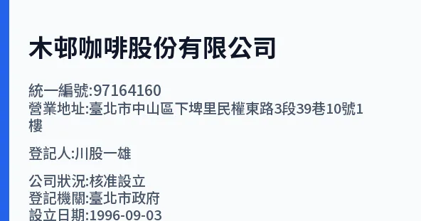 木邨咖啡股份有限公司的照片-統編 97164160(臺北市) 公司登記資料與營業項目詳細圖表