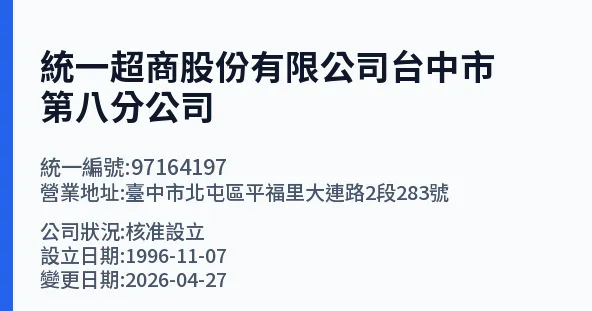 統一超商股份有限公司台中市第八分公司的照片-統編 97164197(臺中市) 公司登記資料與營業項目詳細圖表