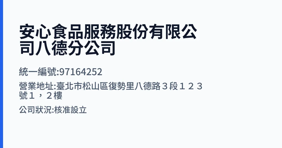 安心食品服務股份有限公司八德分公司 - 統編 97164252(臺北市) 公司登記資料與營業項目詳細圖表