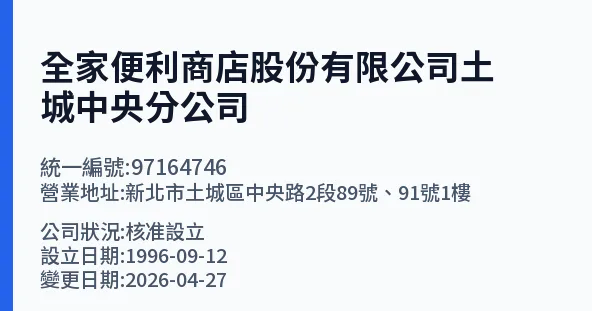 全家便利商店股份有限公司土城中央分公司的照片-統編 97164746(新北市) 公司登記資料與營業項目詳細圖表
