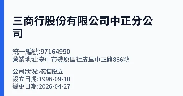三商行股份有限公司中正分公司的照片-統編 97164990(臺中市) 公司登記資料與營業項目詳細圖表
