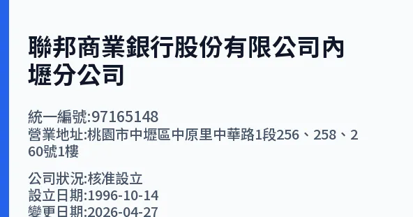 聯邦商業銀行股份有限公司內壢分公司的照片-統編 97165148(桃園市) 公司登記資料與營業項目詳細圖表