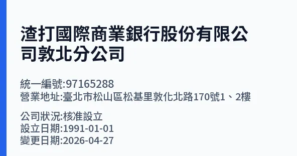 渣打國際商業銀行股份有限公司敦北分公司的照片-統編 97165288(臺北市) 公司登記資料與營業項目詳細圖表