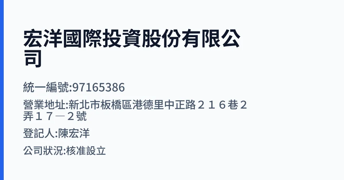 宏洋國際投資股份有限公司 - 統編 97165386(新北市) 公司登記資料與營業項目詳細圖表