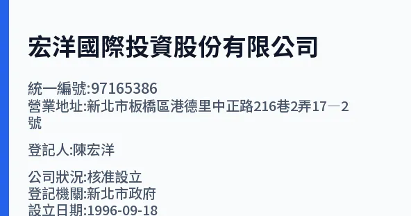 宏洋國際投資股份有限公司的照片-統編 97165386(新北市) 公司登記資料與營業項目詳細圖表