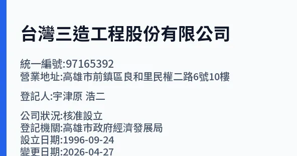 台灣三造工程股份有限公司的照片-統編 97165392(高雄市) 公司登記資料與營業項目詳細圖表