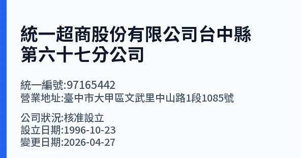 統一超商股份有限公司台中縣第六十七分公司的照片-統編 97165442(臺中市) 公司登記資料與營業項目詳細圖表