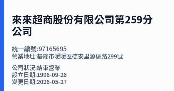 來來超商股份有限公司第259分公司的照片-統編 97165695(基隆市) 公司登記資料與營業項目詳細圖表