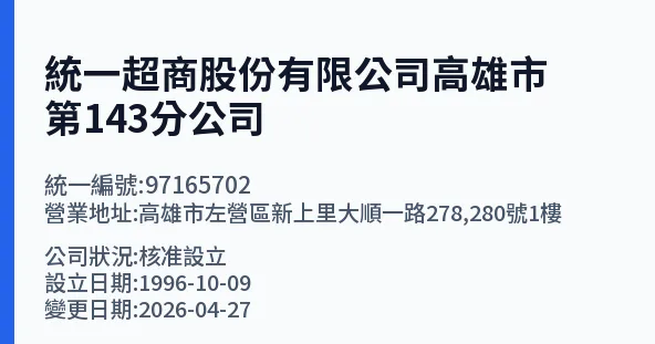 統一超商股份有限公司高雄市第143分公司的照片-統編 97165702(高雄市) 公司登記資料與營業項目詳細圖表