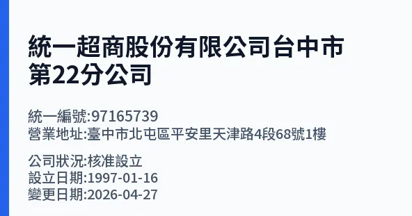 統一超商股份有限公司台中市第22分公司的照片-統編 97165739(臺中市) 公司登記資料與營業項目詳細圖表