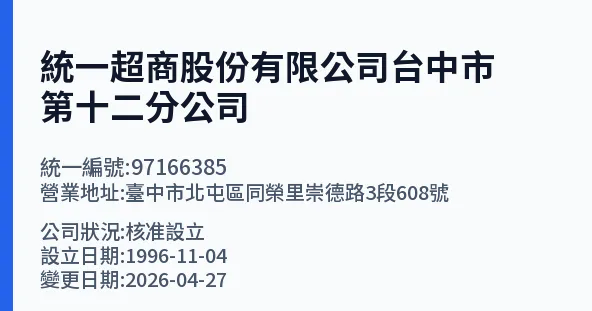 統一超商股份有限公司台中市第十二分公司的照片-統編 97166385(臺中市) 公司登記資料與營業項目詳細圖表