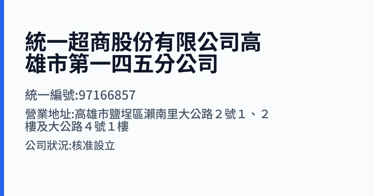 統一超商股份有限公司高雄市第一四五分公司 - 統編 97166857(高雄市) 公司登記資料與營業項目詳細圖表