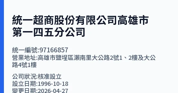 統一超商股份有限公司高雄市第一四五分公司的照片-統編 97166857(高雄市) 公司登記資料與營業項目詳細圖表