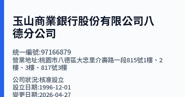 玉山商業銀行股份有限公司八德分公司的照片-統編 97166879(桃園市) 公司登記資料與營業項目詳細圖表