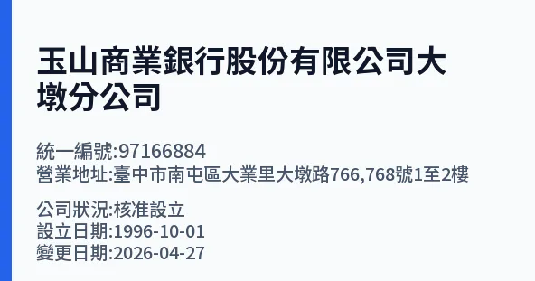 玉山商業銀行股份有限公司大墩分公司的照片-統編 97166884(臺中市) 公司登記資料與營業項目詳細圖表