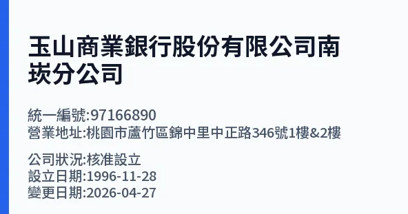 玉山商業銀行股份有限公司南崁分公司的照片-統編 97166890(桃園市) 公司登記資料與營業項目詳細圖表