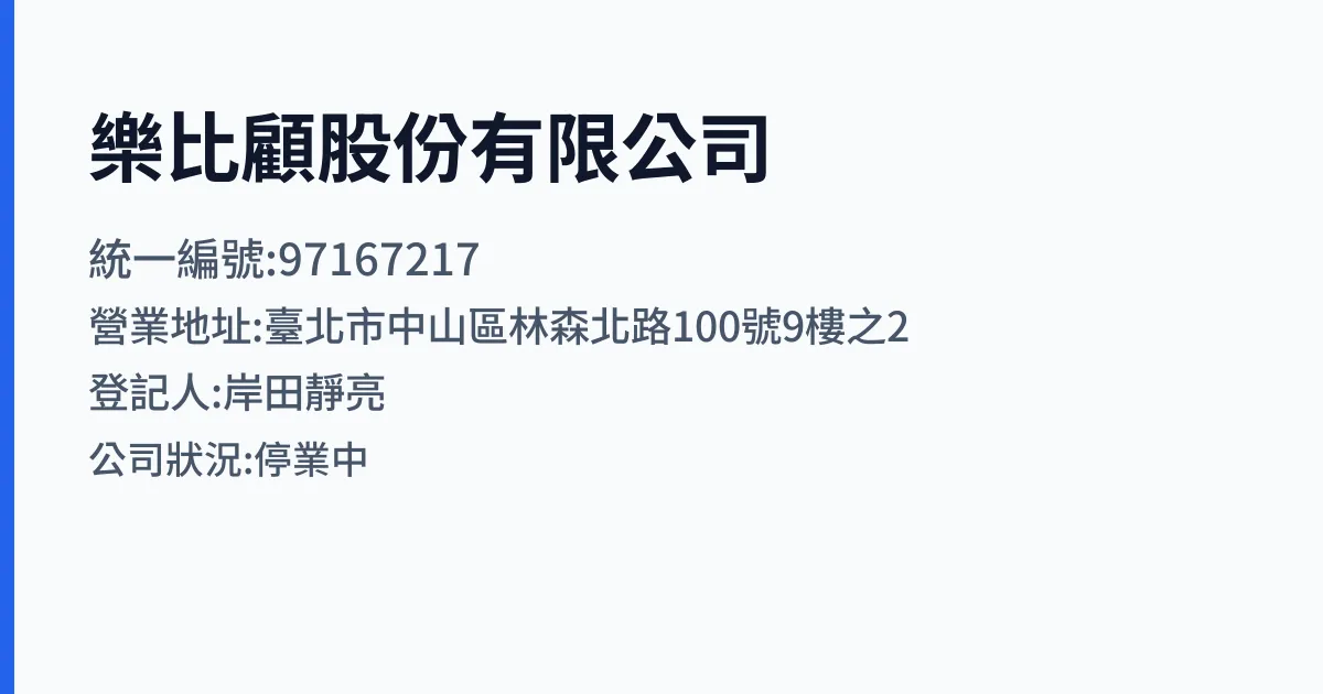 樂比顧股份有限公司 - 統編 97167217(臺北市) 公司登記資料與營業項目詳細圖表