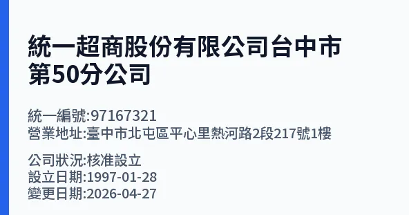 統一超商股份有限公司台中市第50分公司的照片-統編 97167321(臺中市) 公司登記資料與營業項目詳細圖表