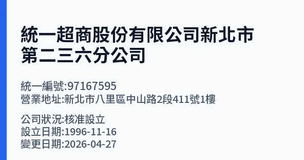 統一超商股份有限公司新北市第二三六分公司的照片-統編 97167595(新北市) 公司登記資料與營業項目詳細圖表