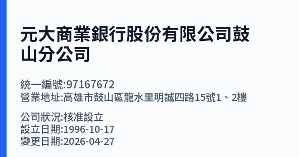 元大商業銀行股份有限公司鼓山分公司的照片-統編 97167672(高雄市) 公司登記資料與營業項目詳細圖表
