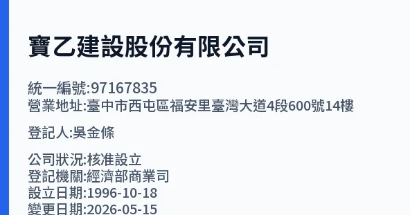 寶乙建設股份有限公司的照片-統編 97167835(臺中市) 公司登記資料與營業項目詳細圖表