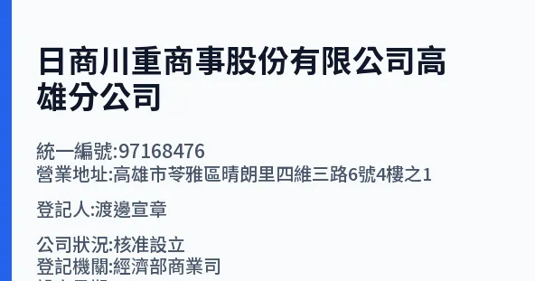 日商川重商事股份有限公司高雄分公司的照片-統編 97168476(高雄市) 公司登記資料與營業項目詳細圖表