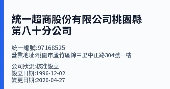 統一超商股份有限公司桃園縣第八十分公司的照片-統編 97168525(桃園市) 公司登記資料與營業項目詳細圖表