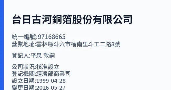 台日古河銅箔股份有限公司的照片-統編 97168665(雲林縣) 公司登記資料與營業項目詳細圖表
