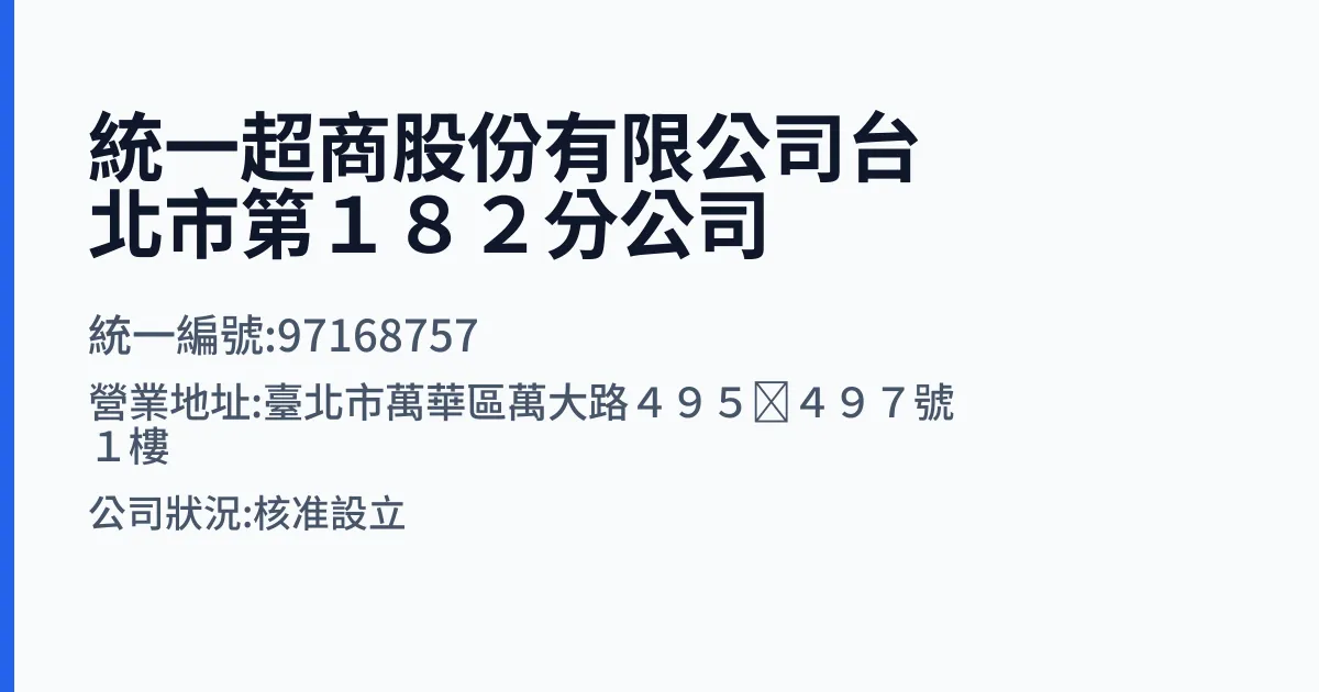 統一超商股份有限公司台北市第182分公司 - 統編 97168757(臺北市) 公司登記資料與營業項目詳細圖表