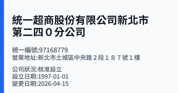 統一超商股份有限公司新北市第二四０分公司的照片-統編 97168779(新北市) 公司登記資料與營業項目詳細圖表