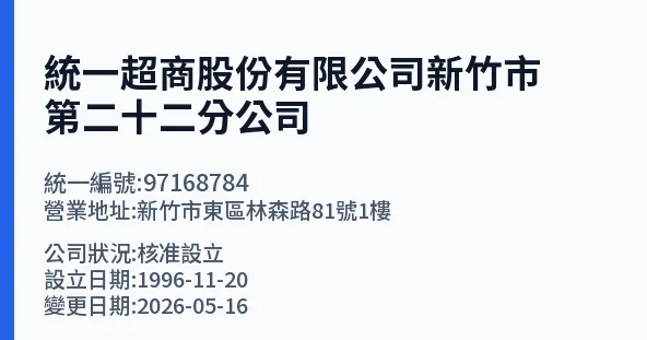 統一超商股份有限公司新竹市第二十二分公司的照片-統編 97168784(新竹市) 公司登記資料與營業項目詳細圖表