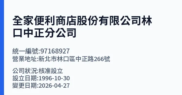 全家便利商店股份有限公司林口中正分公司的照片-統編 97168927(新北市) 公司登記資料與營業項目詳細圖表