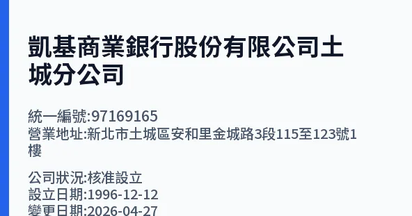 凱基商業銀行股份有限公司土城分公司的照片-統編 97169165(新北市) 公司登記資料與營業項目詳細圖表