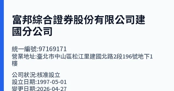 富邦綜合證券股份有限公司建國分公司的照片-統編 97169171(臺北市) 公司登記資料與營業項目詳細圖表