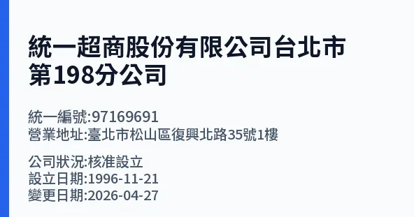 統一超商股份有限公司台北市第198分公司的照片-統編 97169691(臺北市) 公司登記資料與營業項目詳細圖表