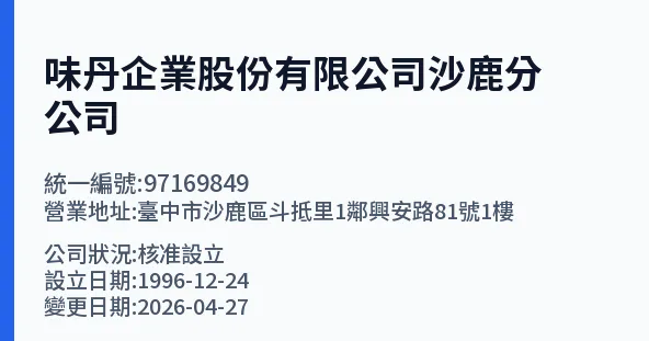 味丹企業股份有限公司沙鹿分公司的照片-統編 97169849(臺中市) 公司登記資料與營業項目詳細圖表