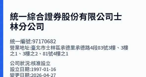統一綜合證券股份有限公司士林分公司的照片-統編 97170682(臺北市) 公司登記資料與營業項目詳細圖表