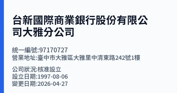 台新國際商業銀行股份有限公司大雅分公司的照片-統編 97170727(臺中市) 公司登記資料與營業項目詳細圖表