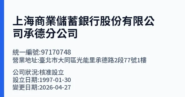 上海商業儲蓄銀行股份有限公司承德分公司的照片-統編 97170748(臺北市) 公司登記資料與營業項目詳細圖表