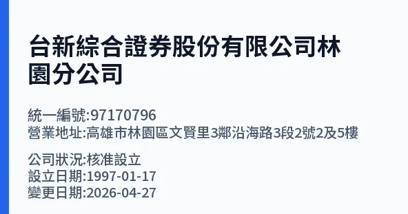 台新綜合證券股份有限公司林園分公司的照片-統編 97170796(高雄市) 公司登記資料與營業項目詳細圖表